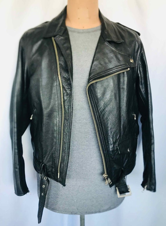 Vintage 80s Brando Leather Biker Jacket, Black Cowhid… - Gem