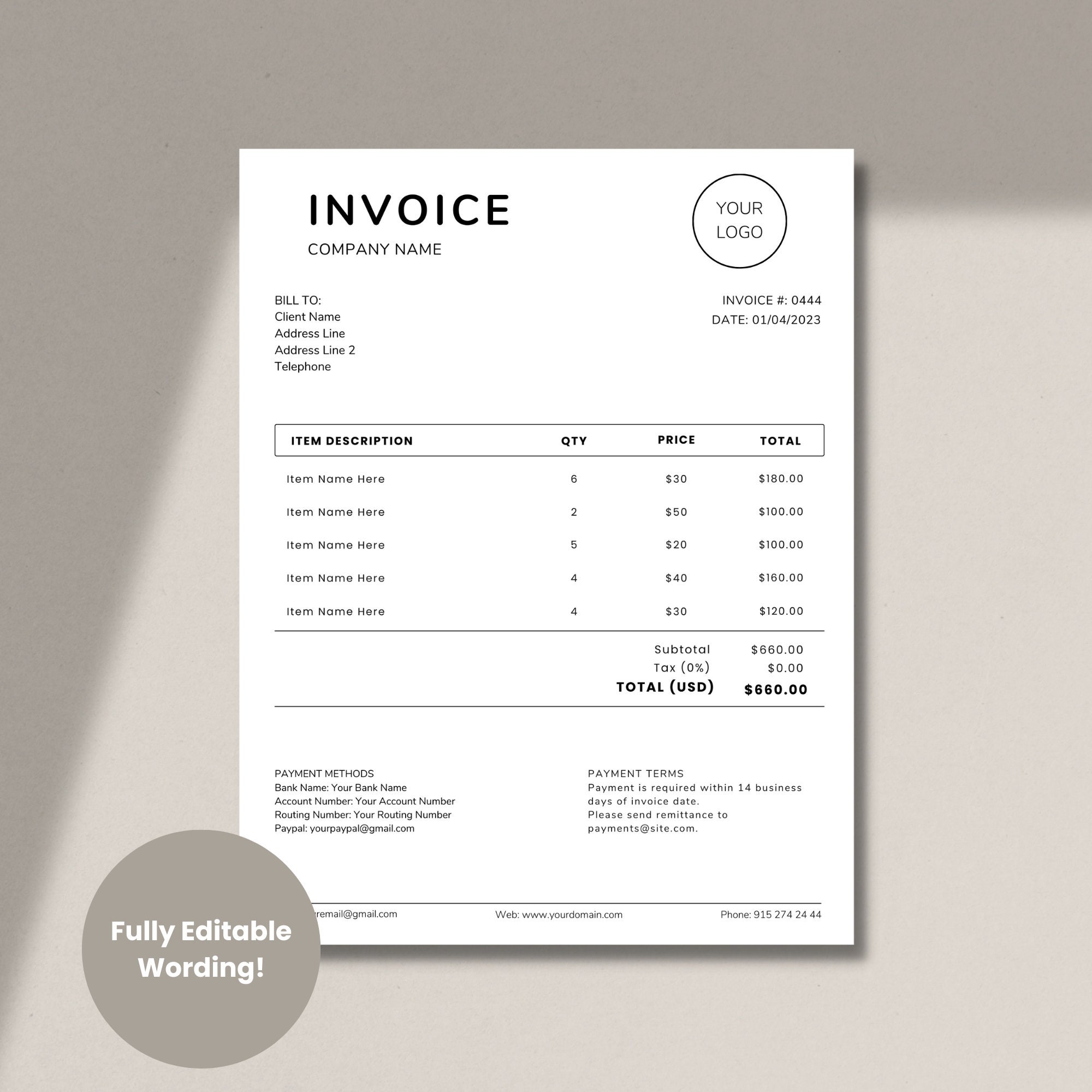 Invoice Template | Modern Minimalist Invoice | Modern Client Invoice ...