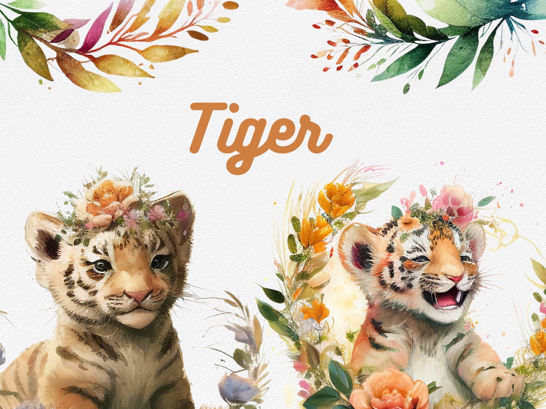 Set of 4 Tiger Watercolor Clipart Set With Bonus Bow, Floral Wreaths ...