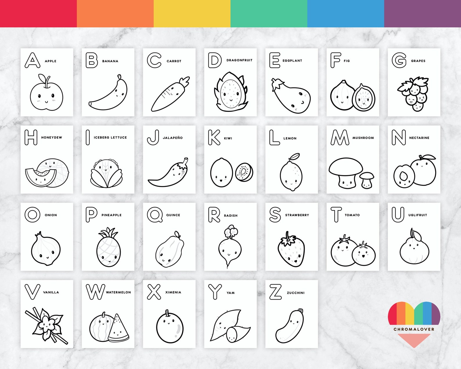 Alphabet Printable Coloring Pages for Kids - Fruits & Veggies *instant ...