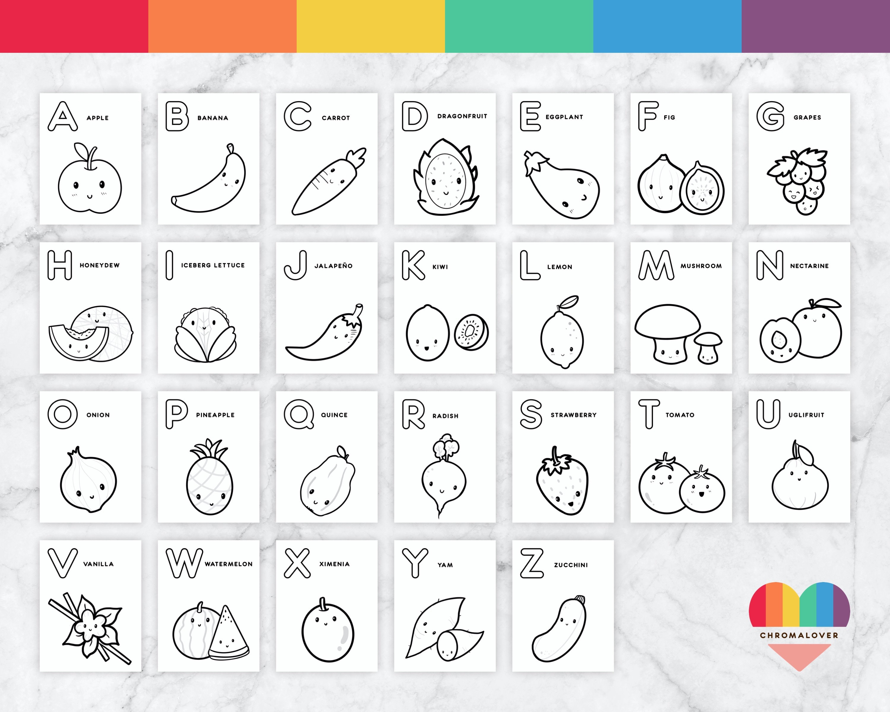 Alphabet Printable Coloring Pages for Kids - Fruits & Veggies *instant ...