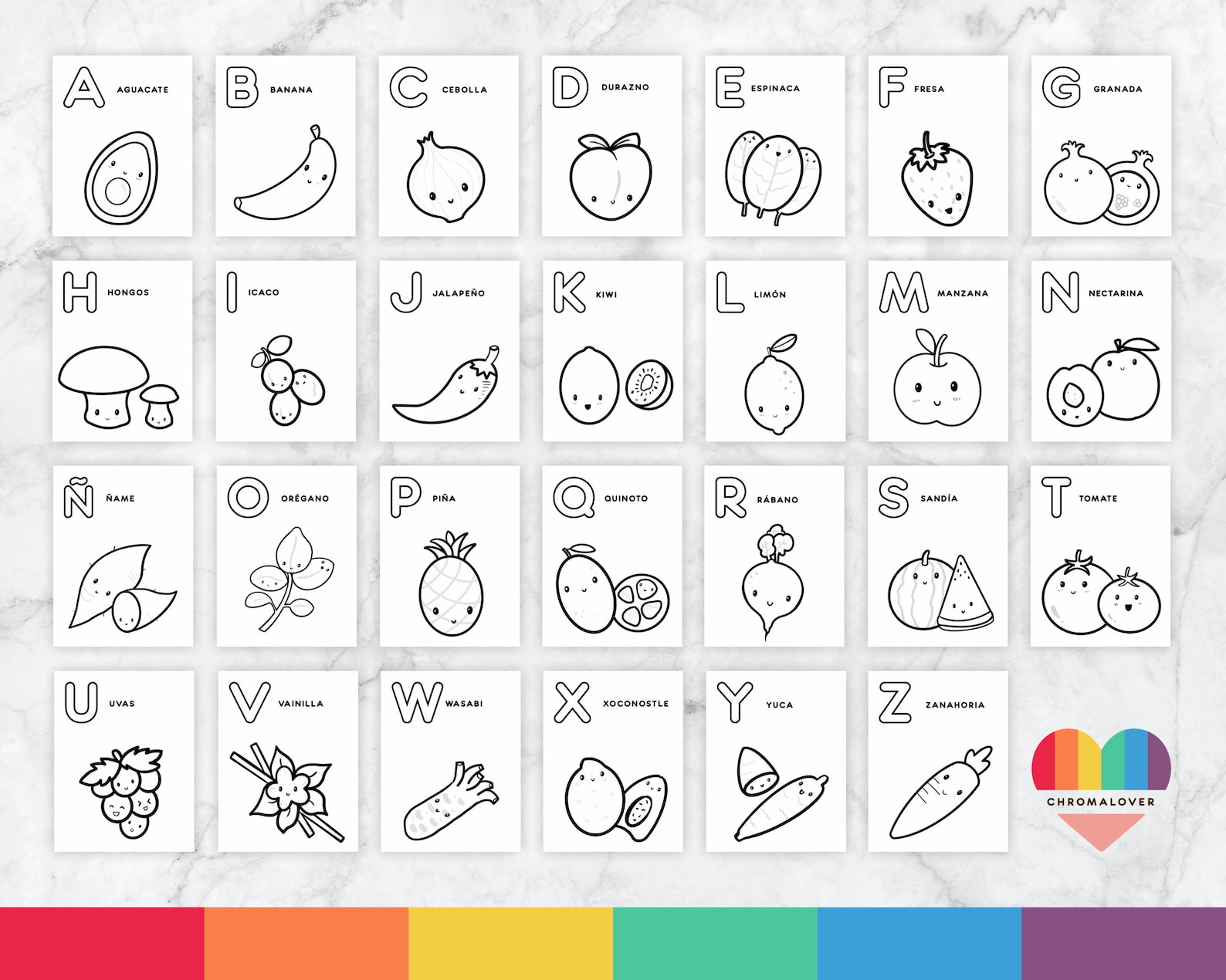 SPANISH Printable Alphabet Coloring Pages / Frutas y | Etsy