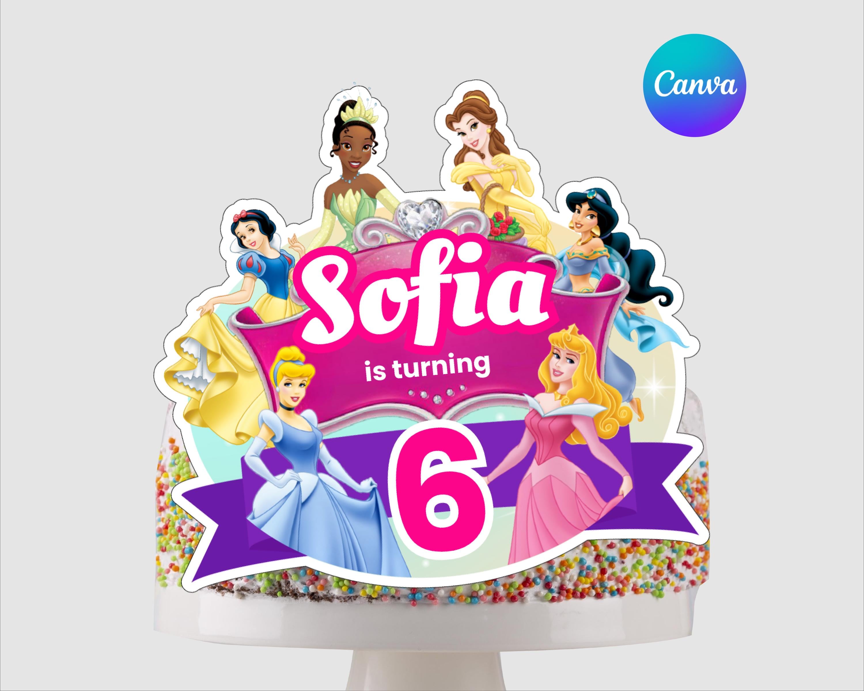 Editable Princess Cake Topper, Canva Template, Princess Birthday Decor ...