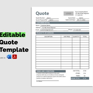 Printable Quote Template, Quote Template, Quote Form, Bussines, Quote Digital Instant Download ...