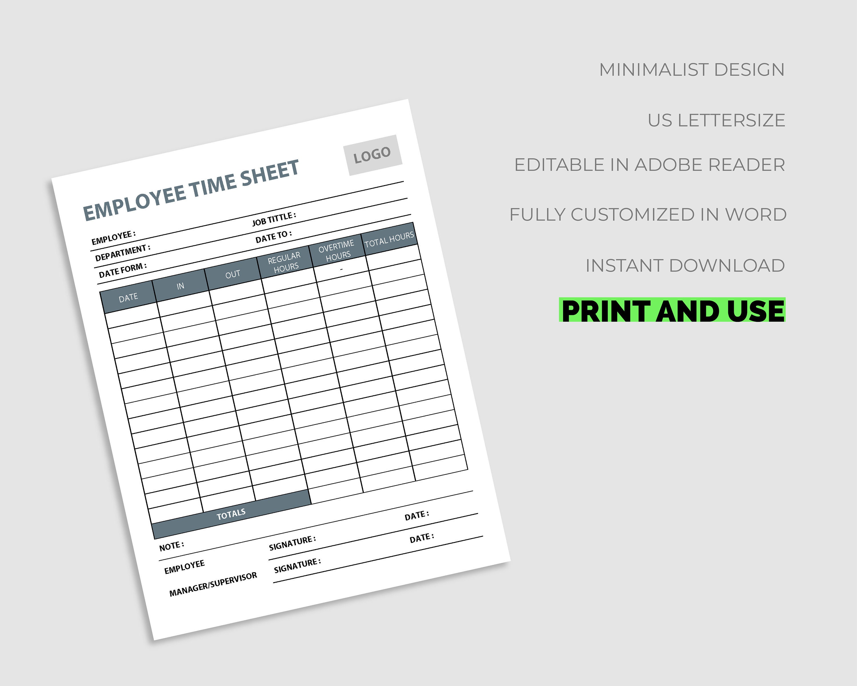Employee Time Sheet. Editable Time Sheet. Printable Time Sheet. Time ...