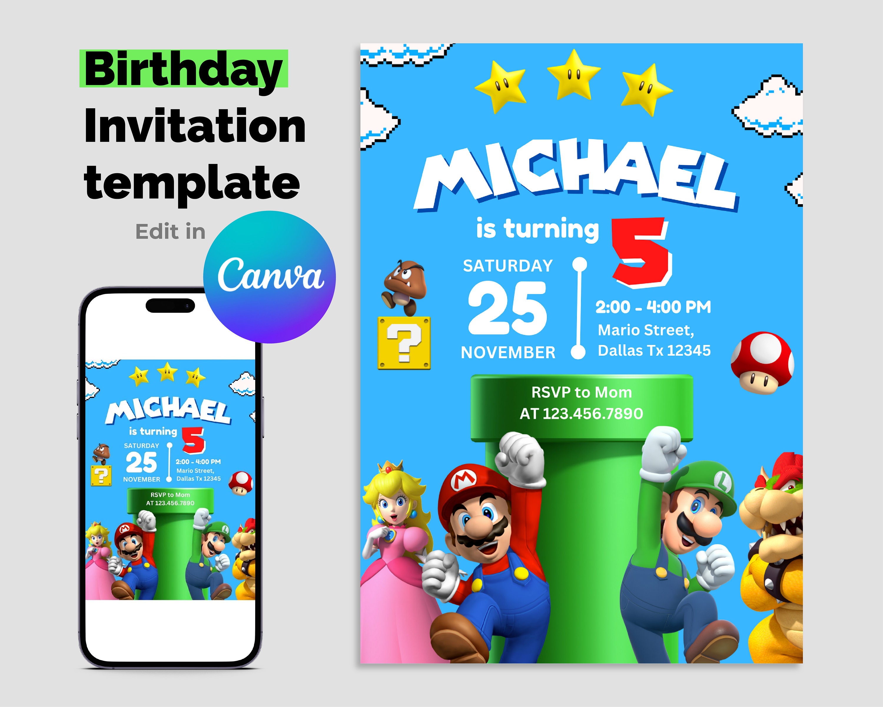 Mario Birthday Invitation Mario Birthday Invite Kids - Etsy
