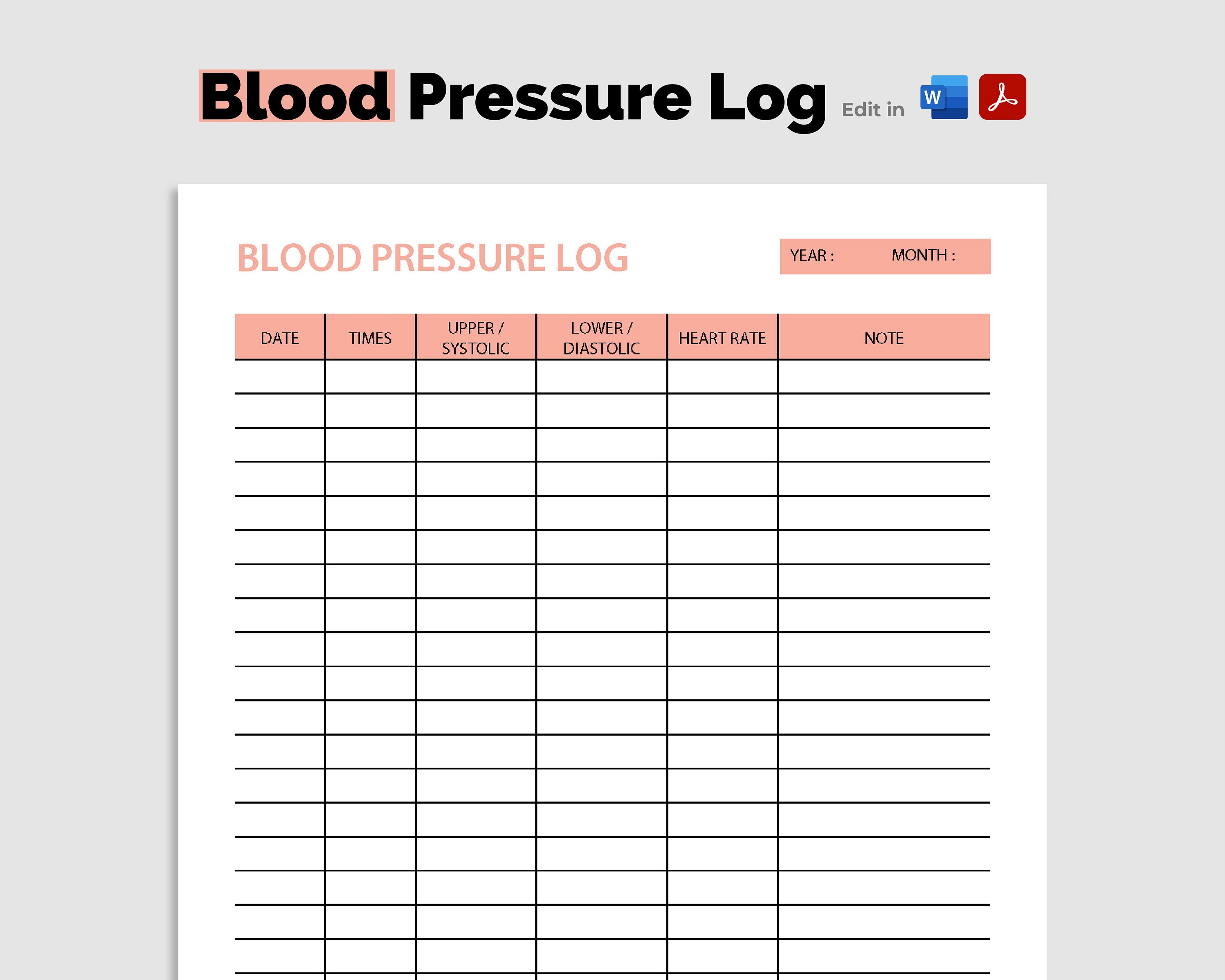 Blood Pressure Log Printable Editable. Daily Blood Pressure. Medical ...