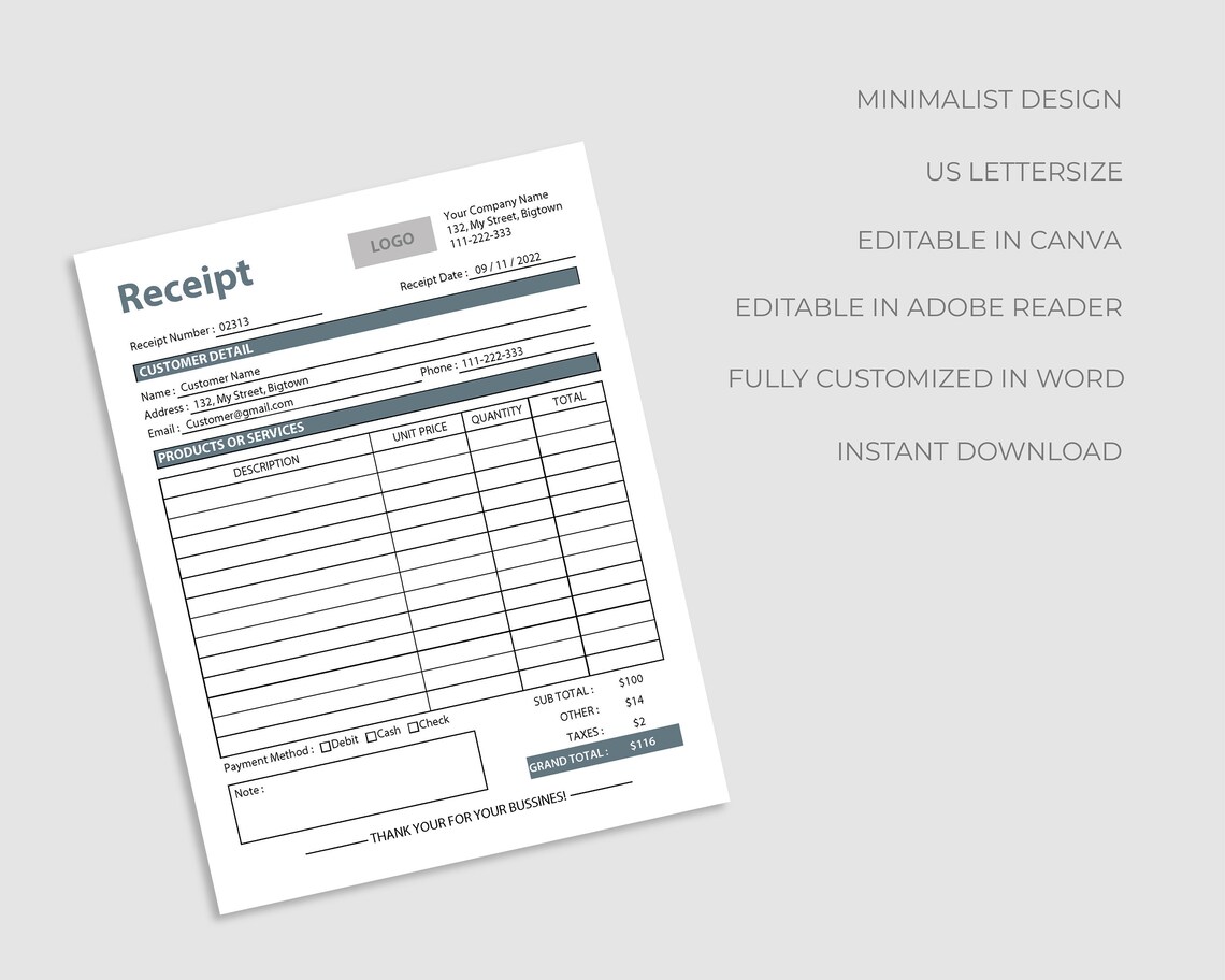 Receipt Template Receipt Form Customer Receipt Receipt - Etsy Australia