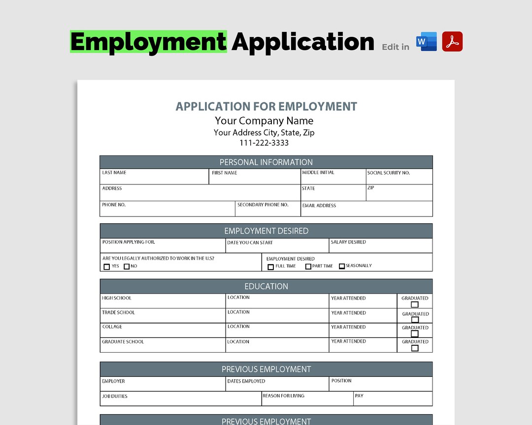 Application for Employment. Editable Job Application. Printable ...