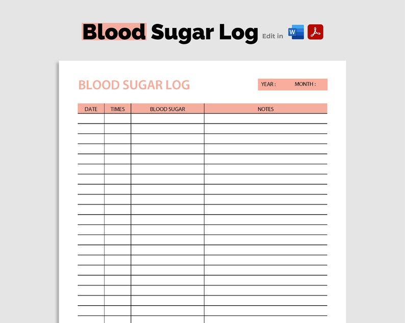 Blood Sugar Log Printable. Blood Sugar Tracker Editable - Etsy
