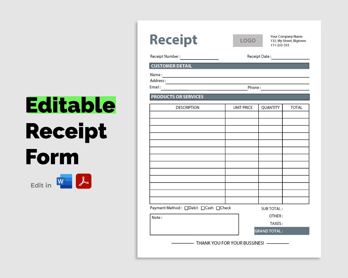 Receipt Template, Receipt Form, Customer Receipt, Receipt Digital ...