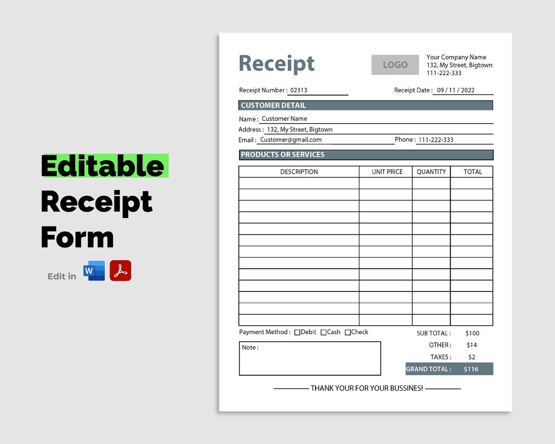 Receipt Template Receipt Form Customer Receipt Receipt - Etsy Australia