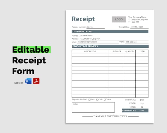 Receipt Template Receipt Form Customer Receipt Receipt - Etsy UK