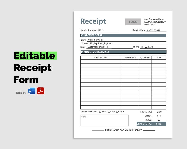 Receipt Template Receipt Form Customer Receipt Receipt - Etsy Australia