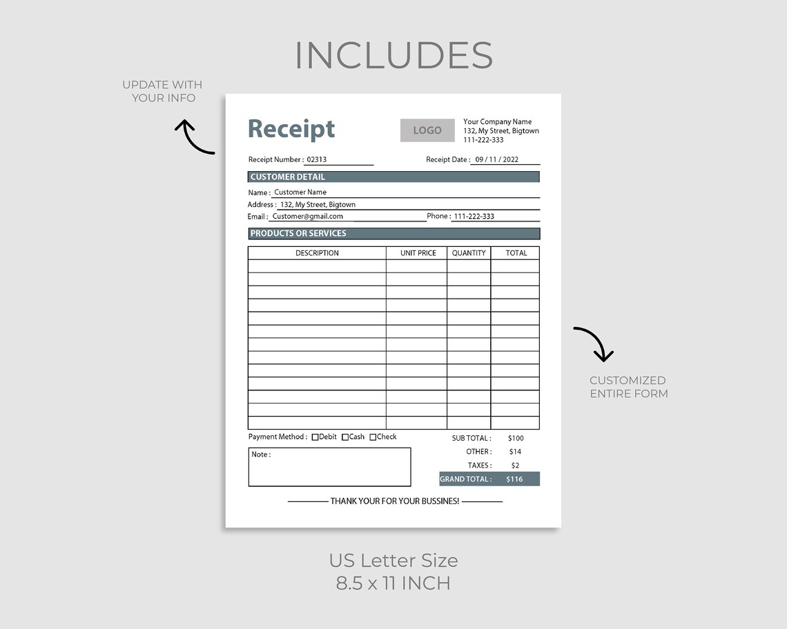 Receipt Template Receipt Form Customer Receipt Receipt - Etsy Australia