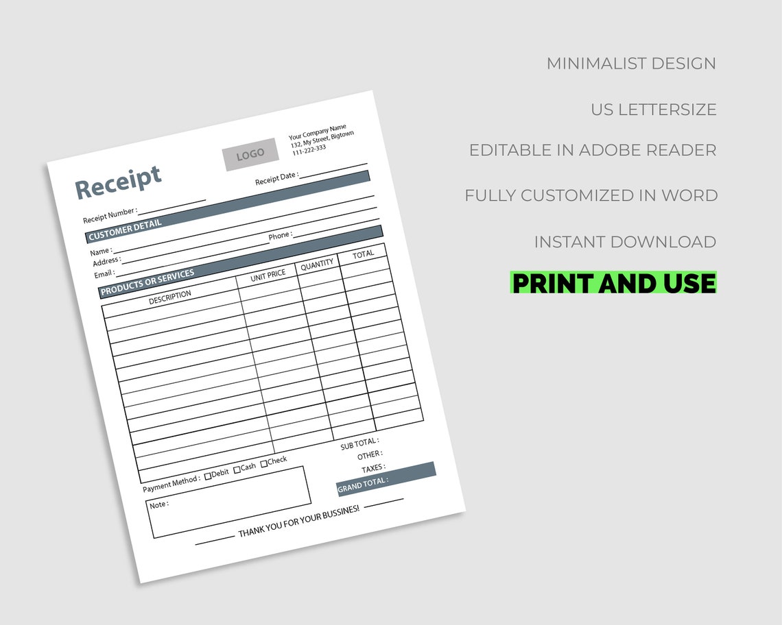 Receipt Template, Receipt Form, Customer Receipt, Receipt Digital ...