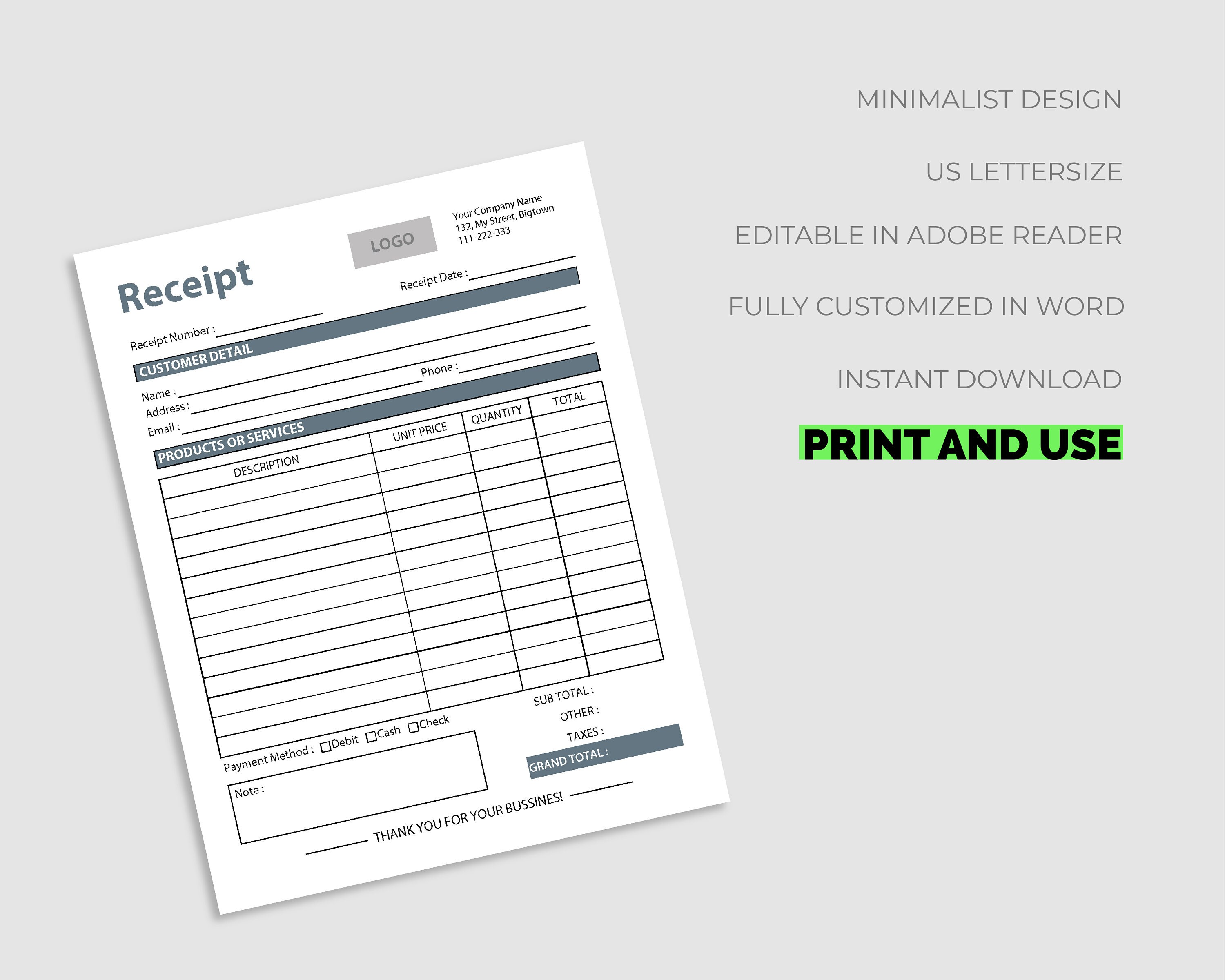 Plantilla de recibo, formulario de recibo, recibo de cliente, recibo digital instantáneo ...
