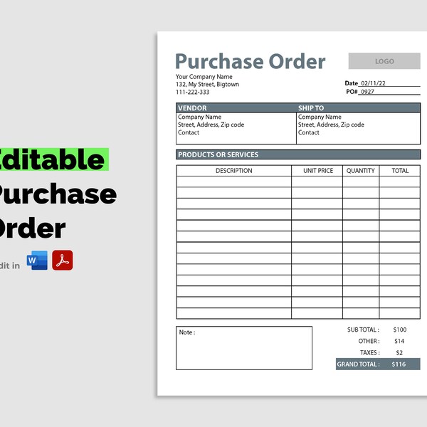 Word Purchase Order Template - Etsy