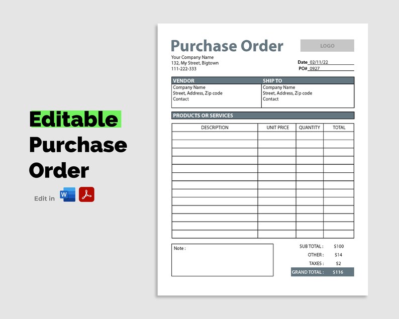 Editable Purchase Order Template, Receipt Template, Order Form ...