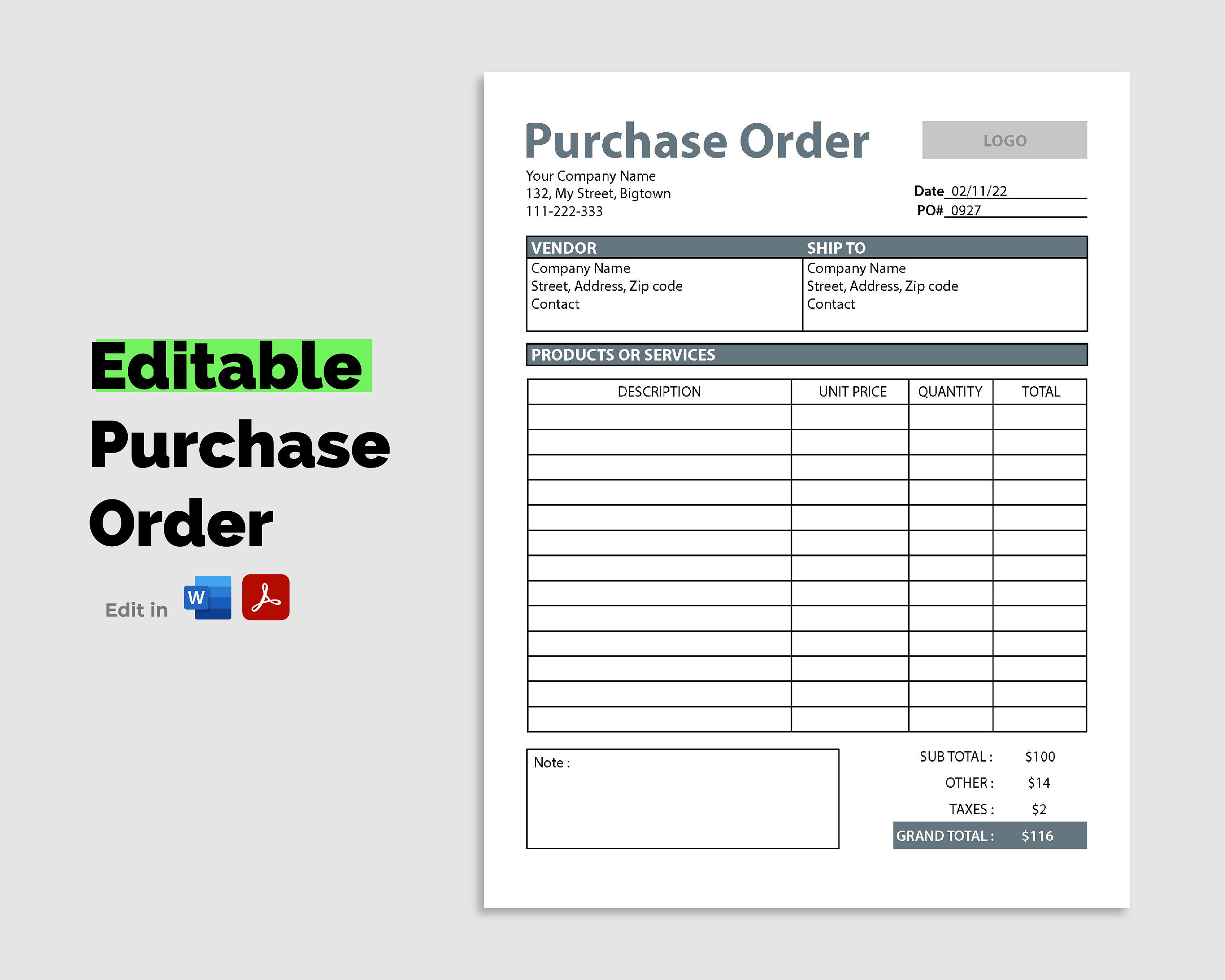 Editable Purchase Order Template Receipt Template Order - Etsy Canada