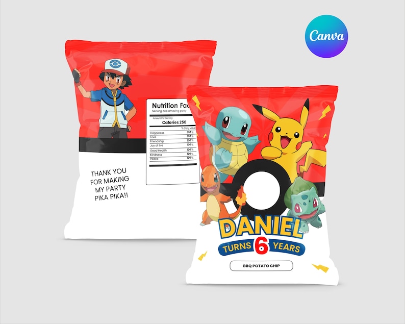 Pokemon Birthday Party Favor Bundle, Canva Templates for Chip Bag ...