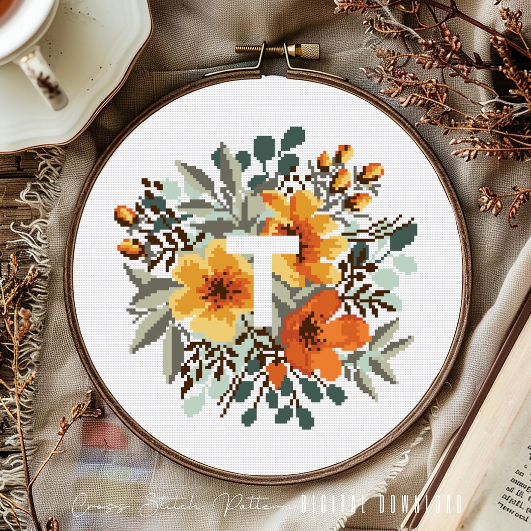 Floral Letter T Cross Stitch Pattern: Monogram Embroidery (digital ...