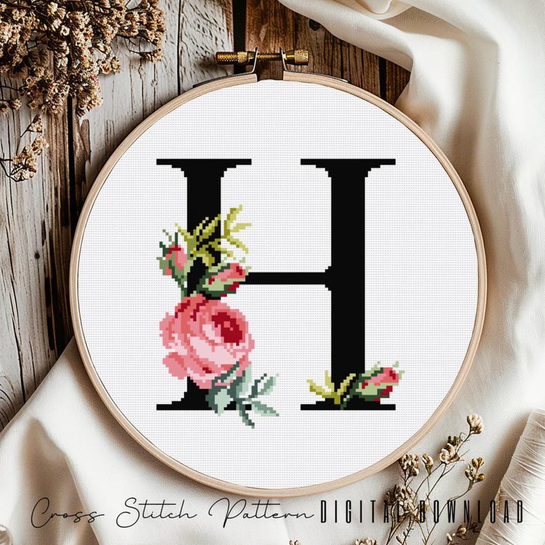 Floral Letter H, Cross Stitch Alphabet Pattern, Monogram With Flower ...
