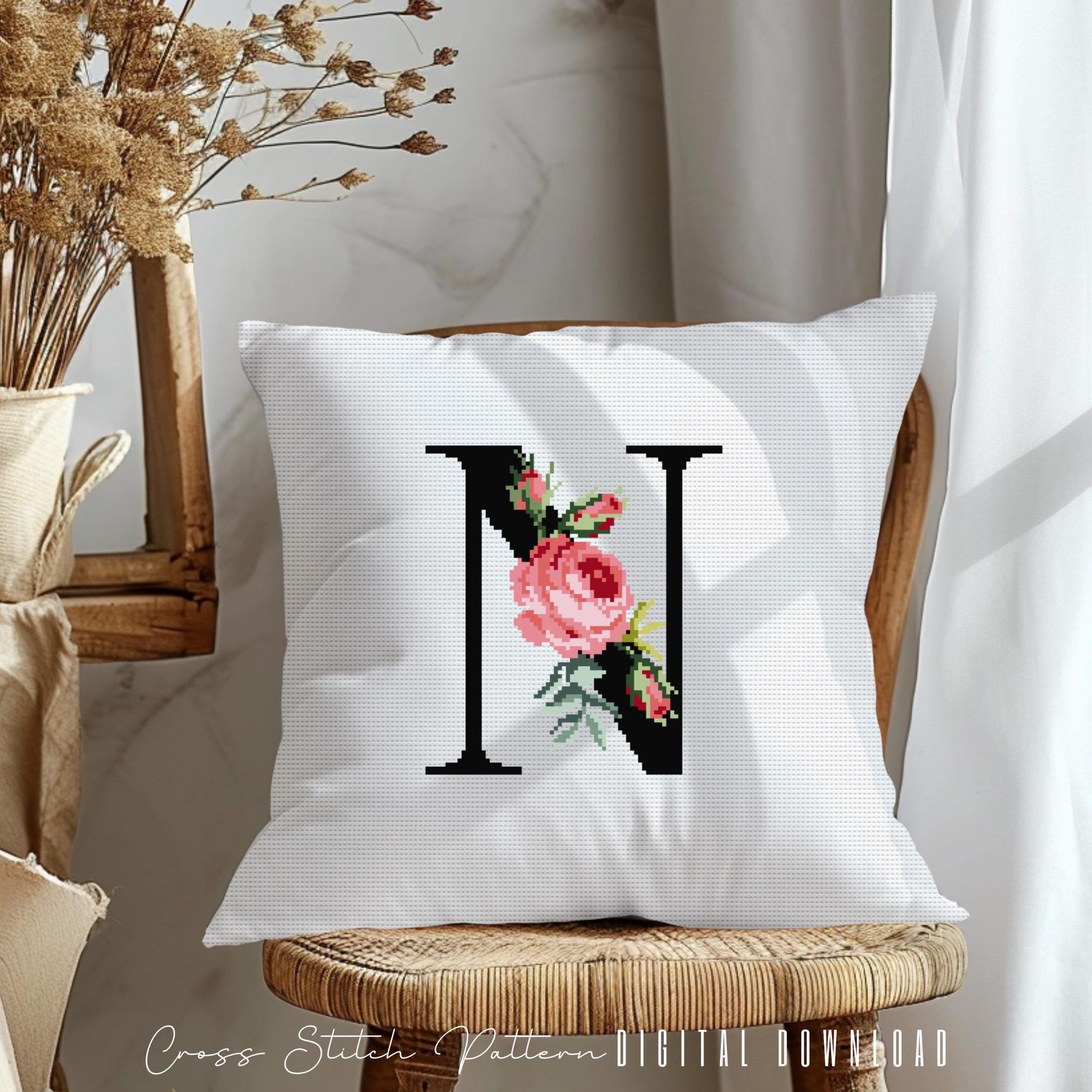 Floral Letter N Cross Stitch Pattern: Alphabet Monogram (digital ...