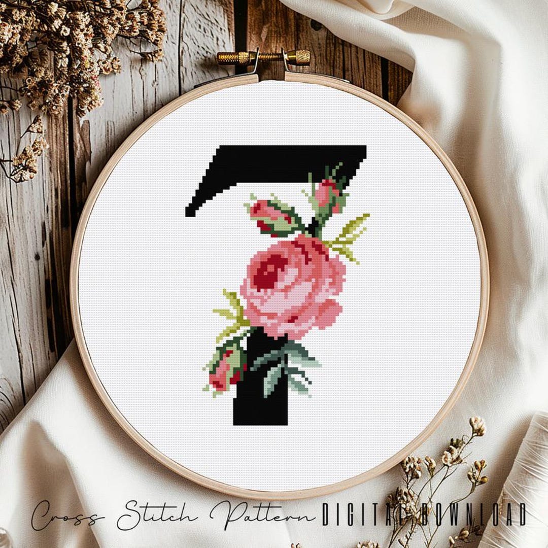 Floral Number 7, Cross Stitch Alphabet Pattern, Monogram With Flower ...