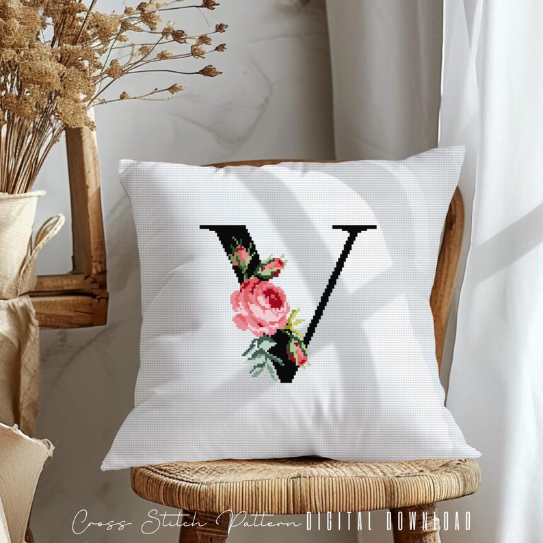 Floral Letter V Cross Stitch Pattern: Flower Monogram (digital Download ...