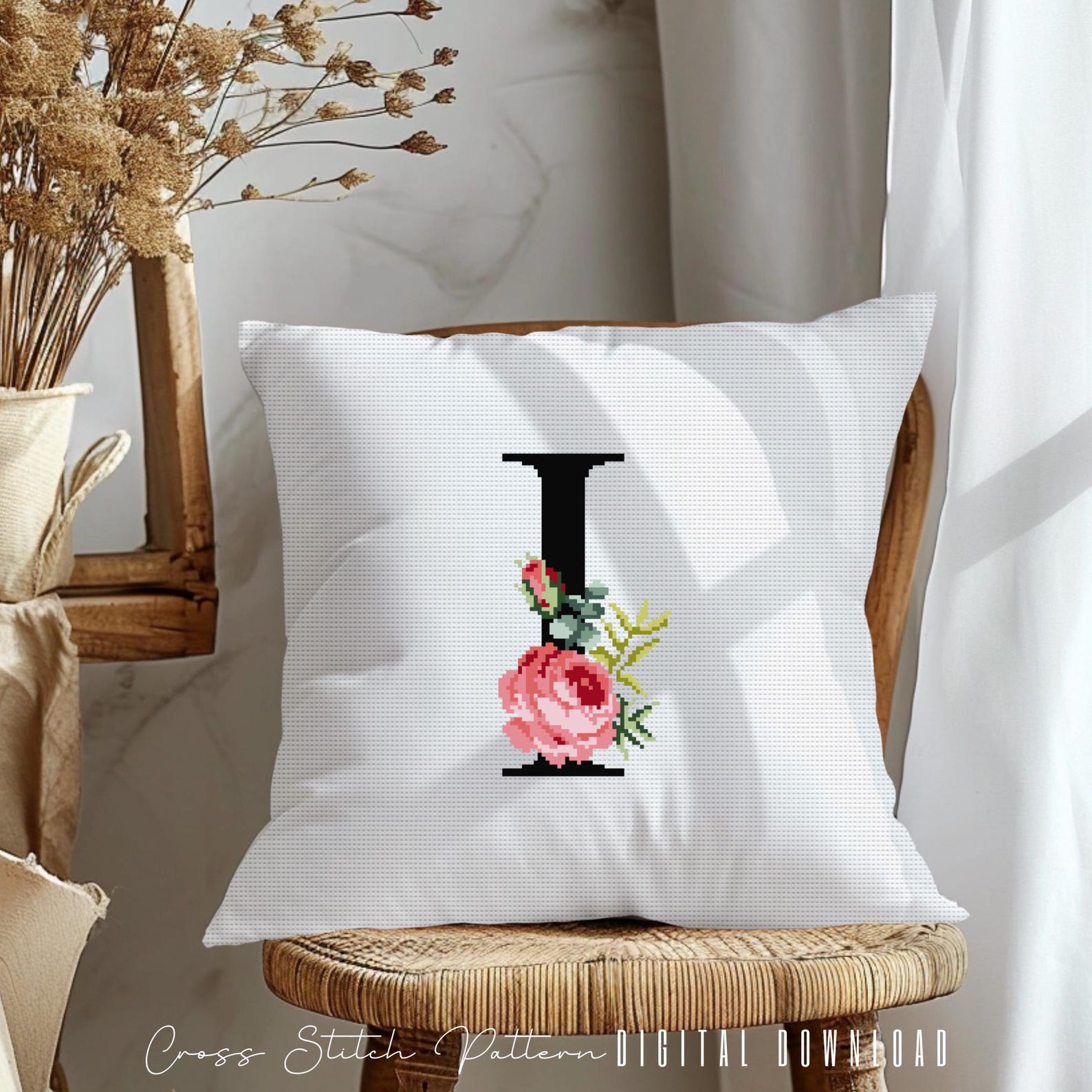 Floral Letter I Cross Stitch Pattern: Alphabet Monogram (digital ...