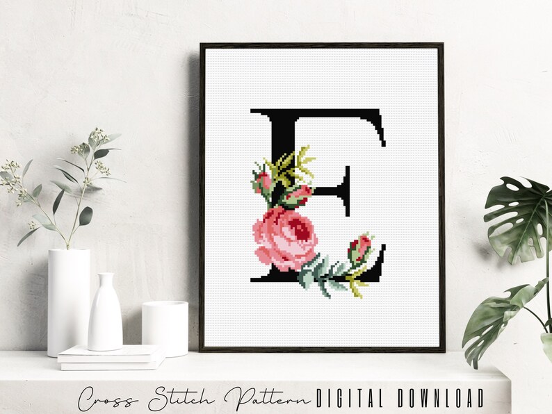 Floral Letter E Cross Stitch Pattern: Flower Monogram (digital Download ...