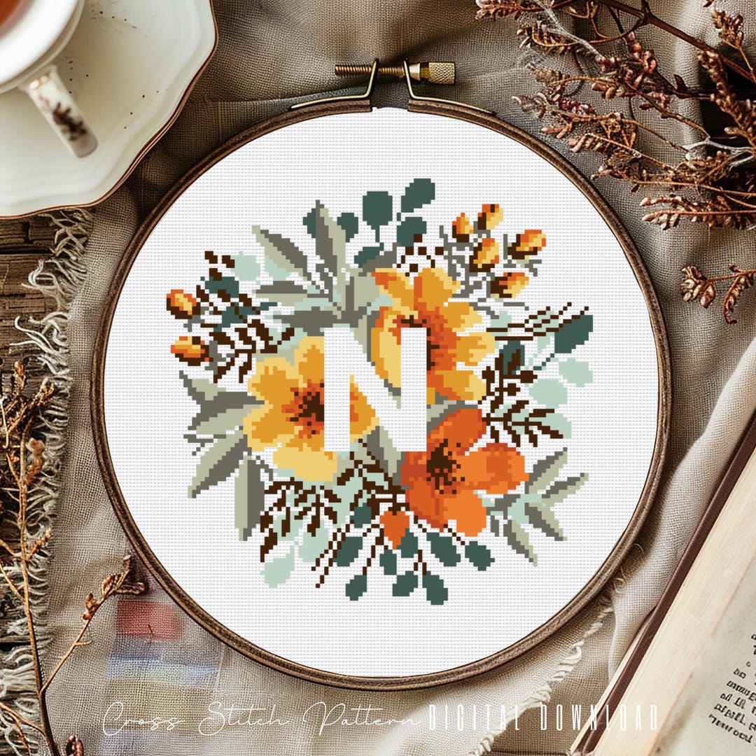 Floral Letter N, Cross Stitch Alphabet Pattern, Monogram With Flower ...
