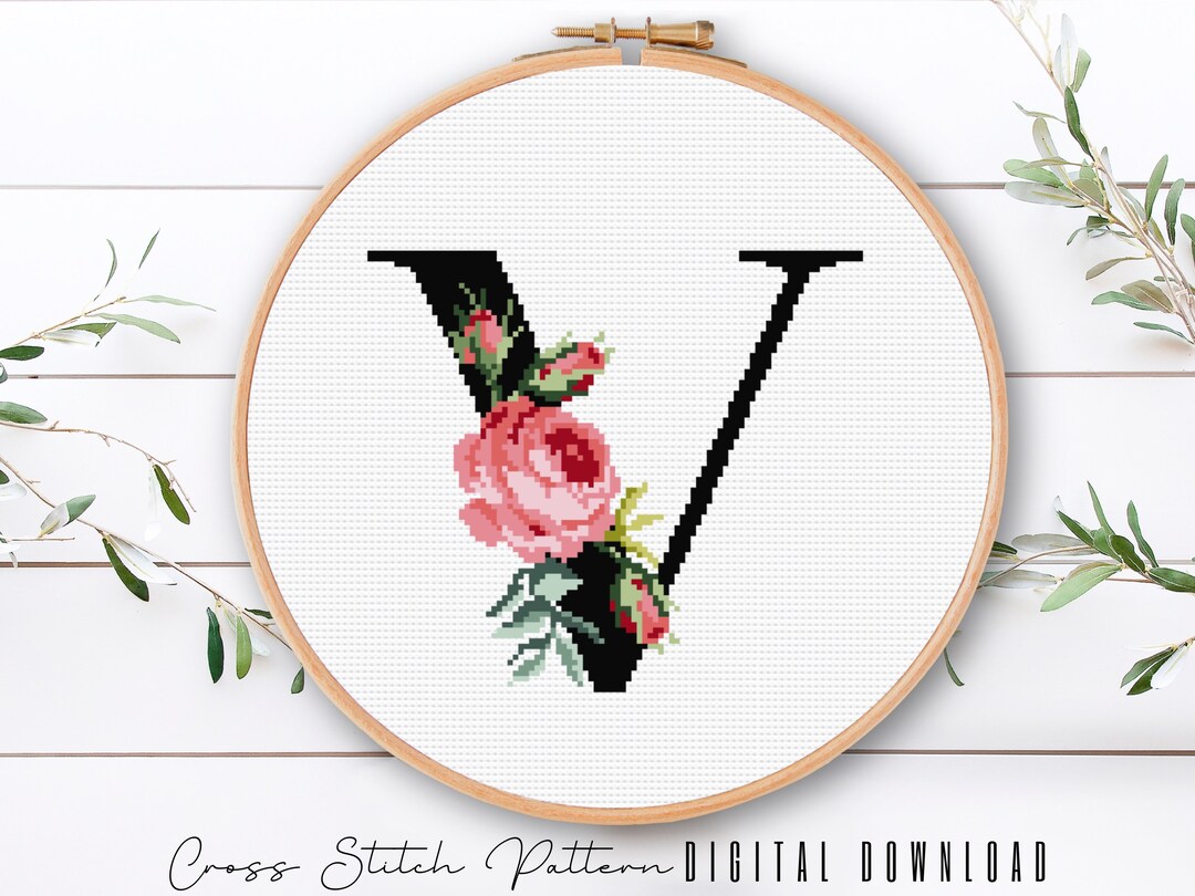 Floral Letter V Cross Stitch Pattern: Flower Monogram (digital Download ...