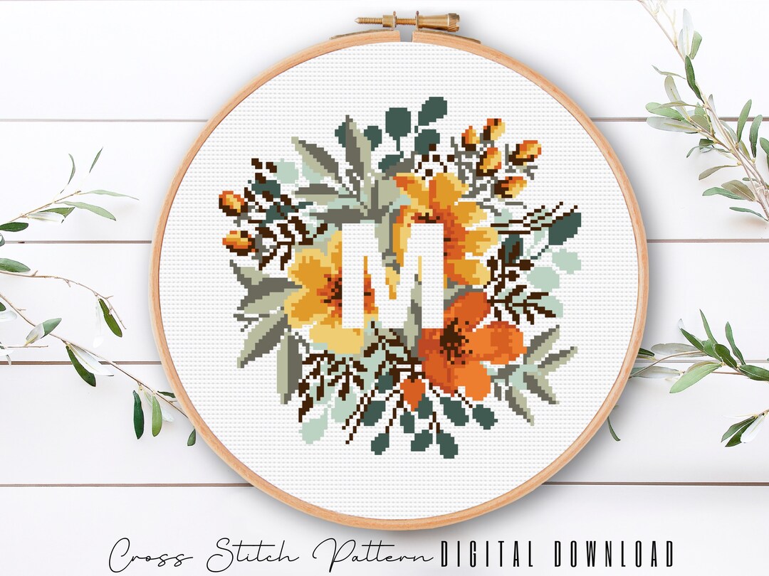 Floral Letter M, Cross Stitch Alphabet Pattern, Monogram With Flower ...