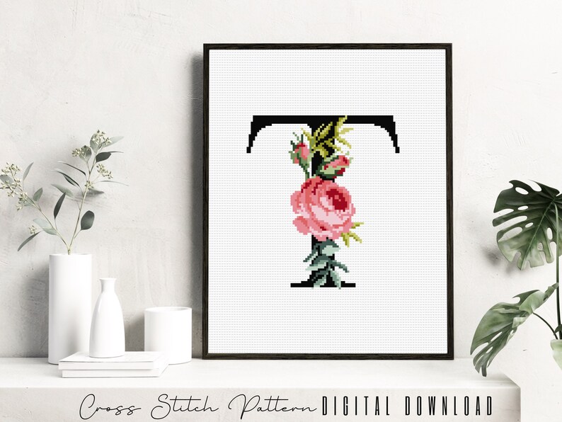 Floral Letter T Cross Stitch Alphabet Pattern Monogram With - Etsy
