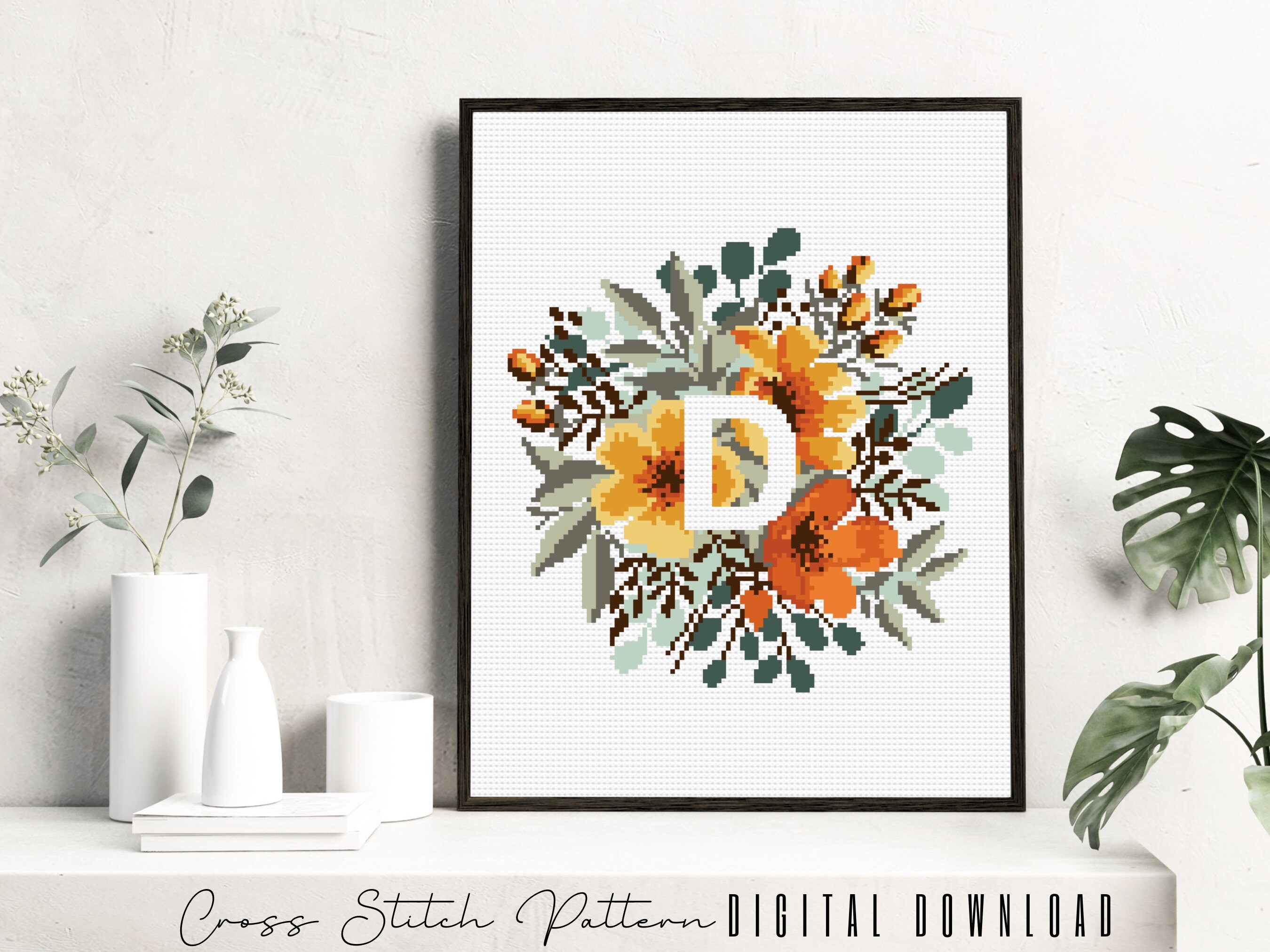 Floral Letter D Cross Stitch Pattern: Monogram Embroidery (digital ...