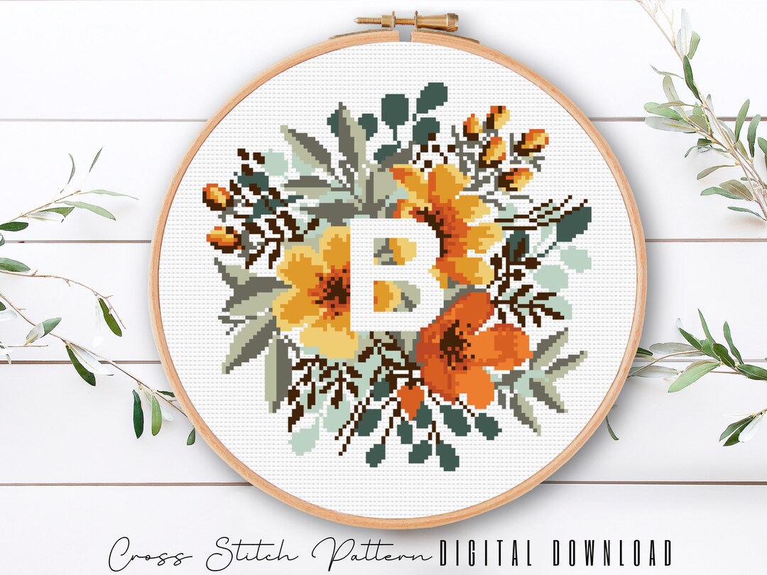 Floral Letter B Cross Stitch Pattern: Alphabet Monogram (digital ...