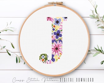 Letter J Modern Cross Stitch Pattern PDF Monogram Floral - Etsy