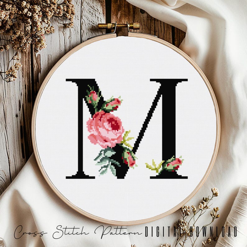Floral Letter M Cross Stitch Pattern: Alphabet Monogram (digital ...