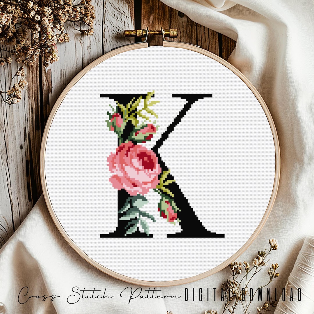 Floral Letter K, Cross Stitch Alphabet Pattern, Monogram With Flower ...