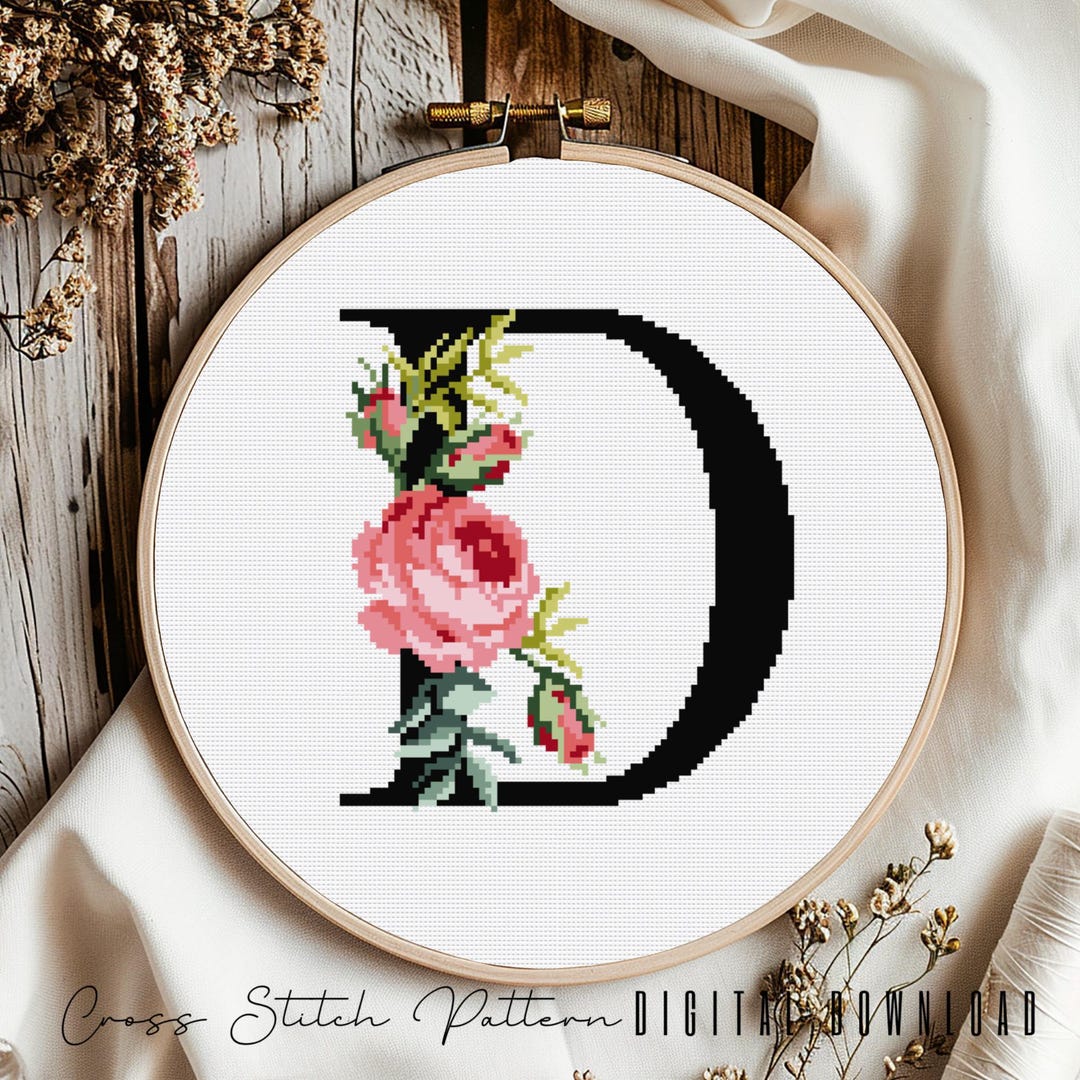 Floral Letter D, Cross Stitch Alphabet Pattern, Monogram With Flower ...