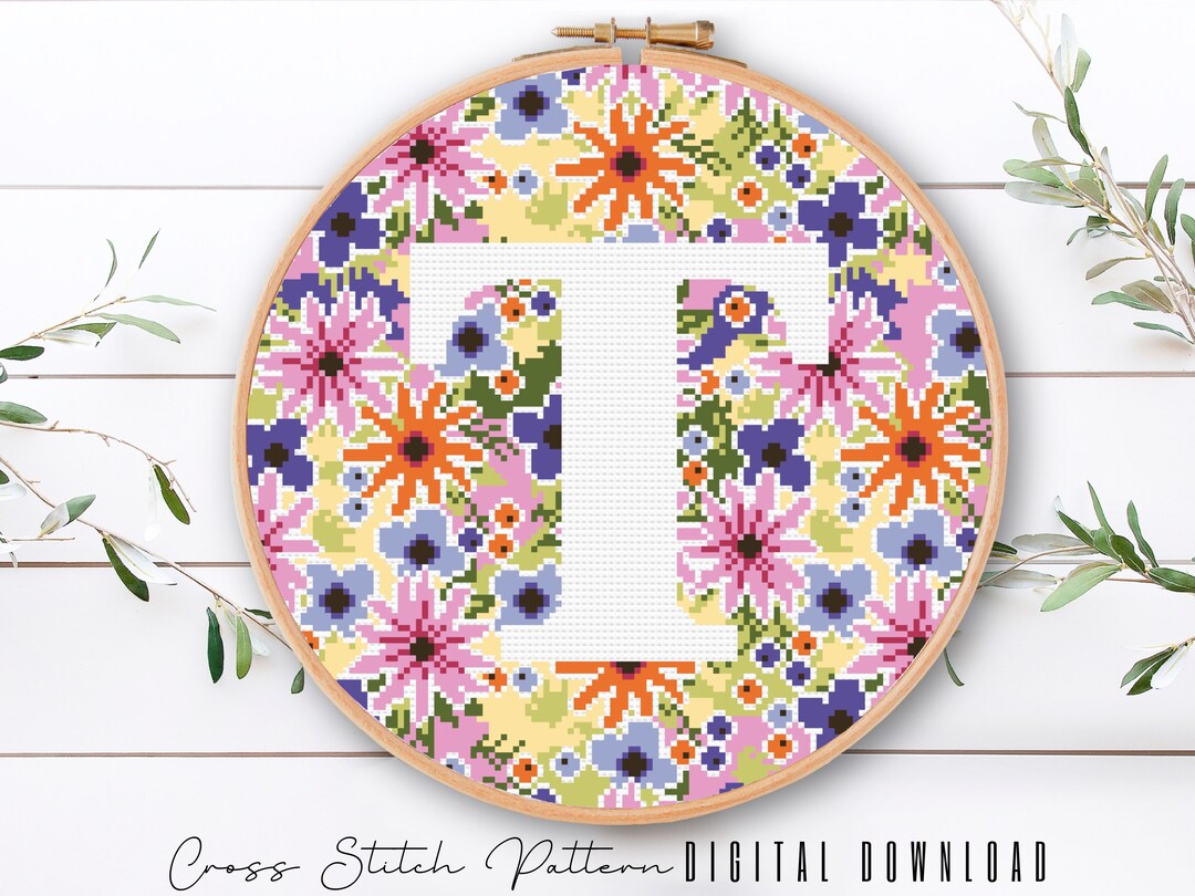 Letter T Floral Cross Stitch Pattern: Modern Monogram (digital Download ...