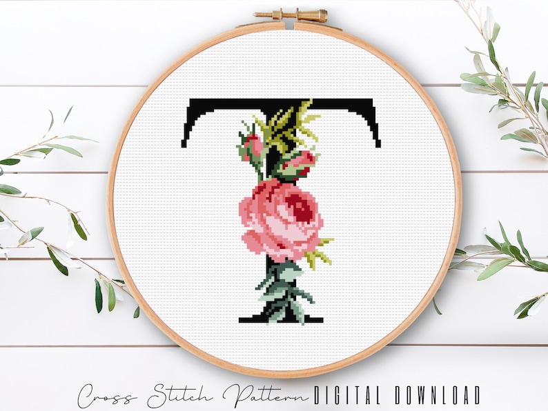 Floral Letter T Cross Stitch Alphabet Pattern Monogram With - Etsy
