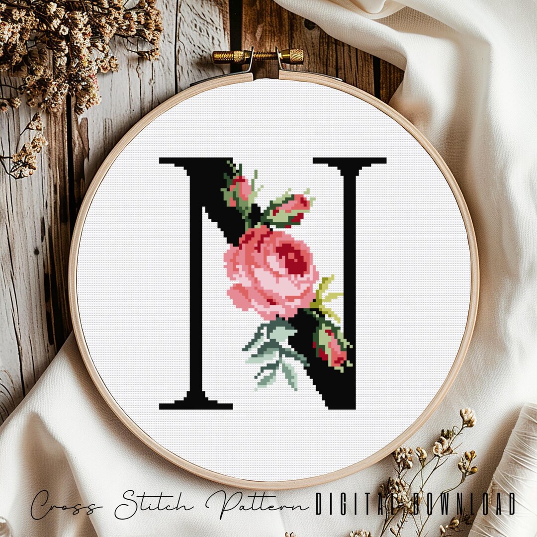 Floral Letter N Cross Stitch Pattern: Alphabet Monogram (digital ...