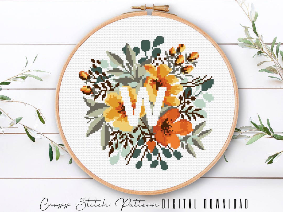 Floral Letter W, Cross Stitch Alphabet Pattern, Monogram With Flower ...