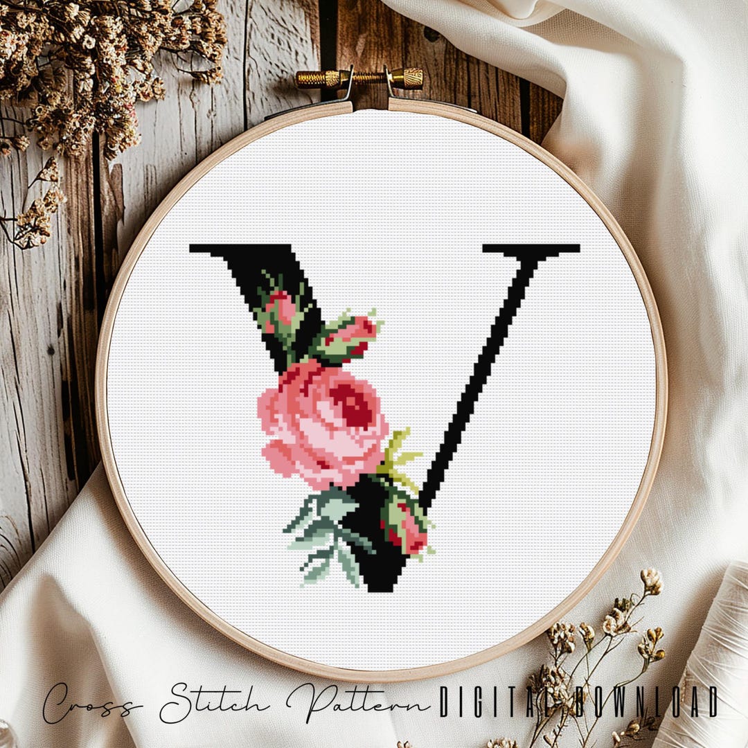 Floral Letter V, Cross Stitch Alphabet Pattern, Monogram With Flower ...