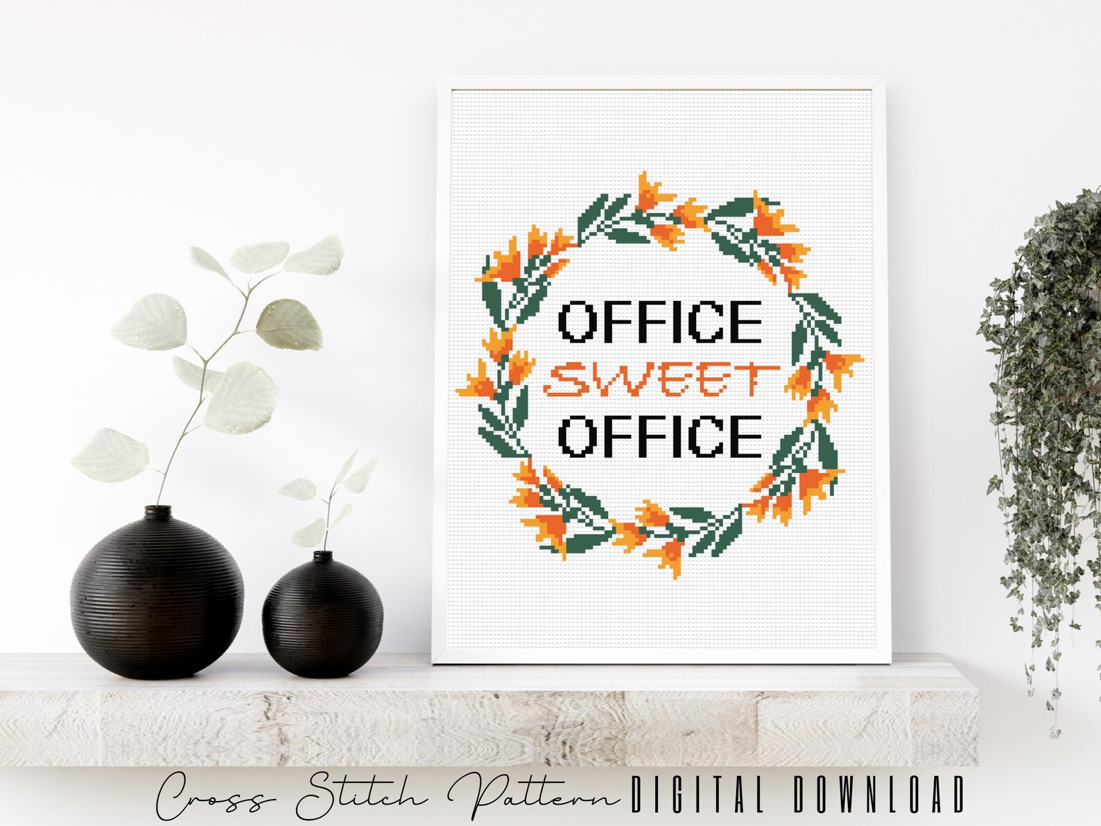 Office Sweet Office Cross Stitch Pattern: Floral Home Decor (digital ...