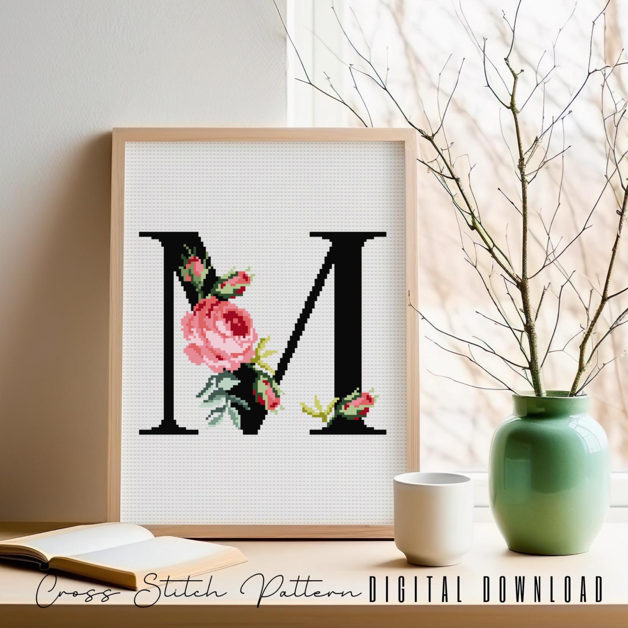 Floral Letter M Cross Stitch Pattern: Alphabet Monogram (digital ...