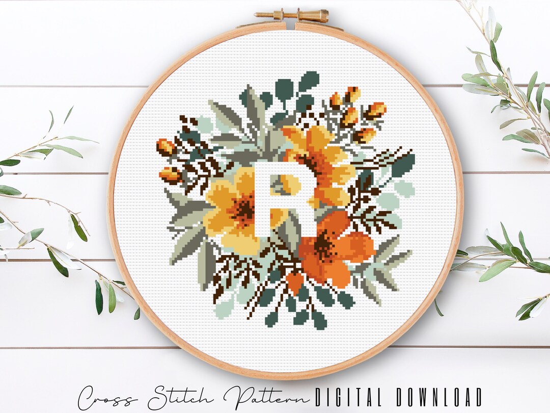 Floral Letter R, Cross Stitch Alphabet Pattern, Monogram With Flower ...